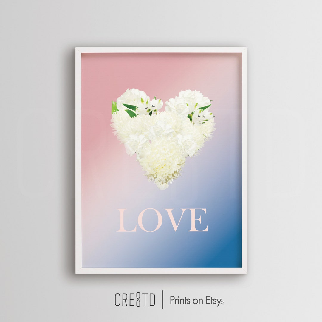 Retro Floral Heart Art Print, Love Borderless Print, Minimalist Boho ...
