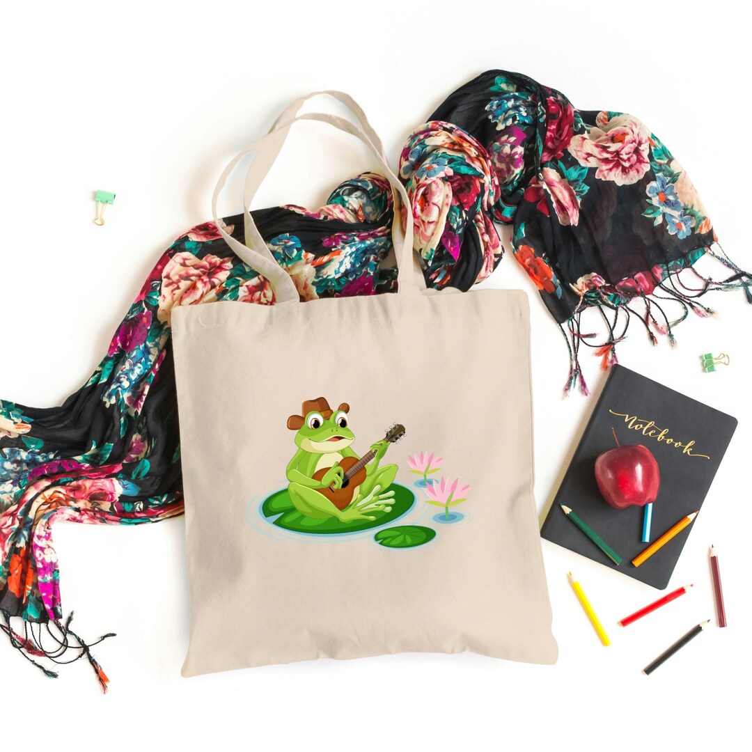 Frog Tote Bag, Frog With Guitar Positive Vibrations, Singing Frog ...