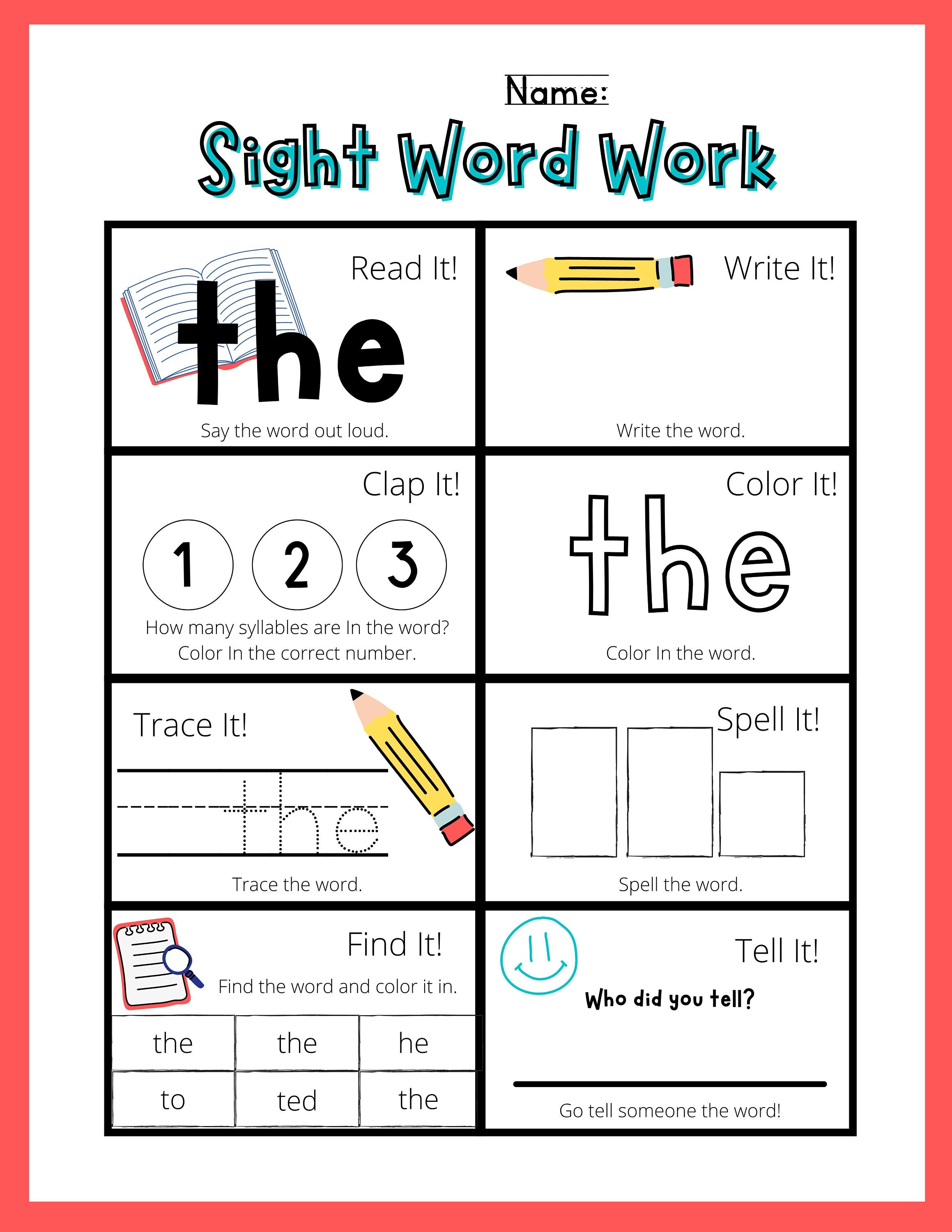 Printable FRY 1st 100 Sight Words Work Sheets Fry First 100 - Etsy