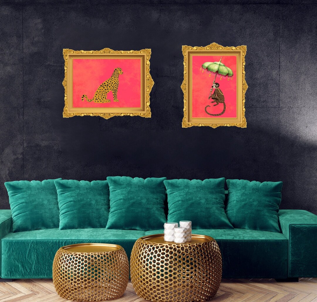 Set of 2 Prints; Chinoiserie Leopard & Monkey With an Umbrella; Chic ...