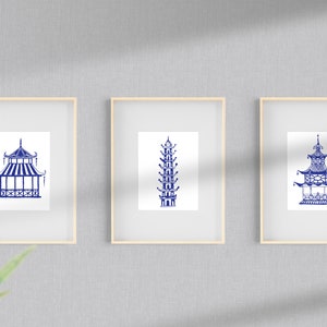 Chinoiserie Pagodas; Asian, Blue Art, Prints, Wall Art, Watercolor ...