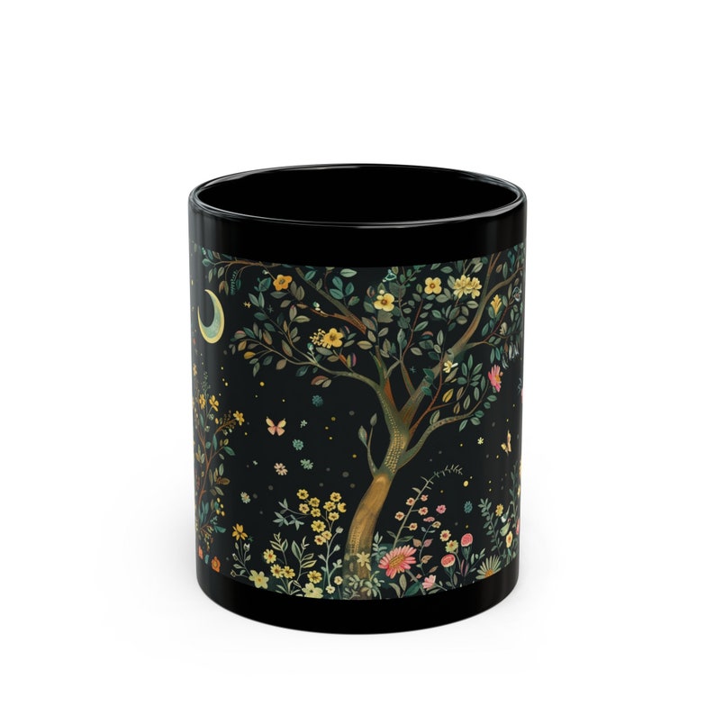 Mystical Moonlit Garden Mug, 11oz Dark Academia Mug, Black Botanical ...