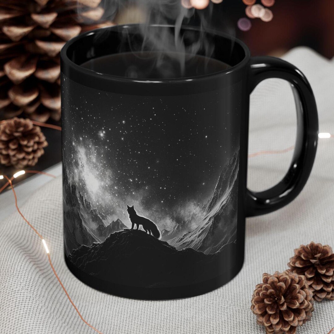Fox Mountain Range Coffee Mug, Space Stars Wildlife Black Cup, Gift for ...