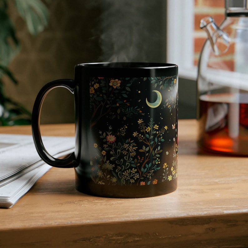 Mystical Moonlit Garden Mug, 11oz Dark Academia Mug, Black Botanical ...