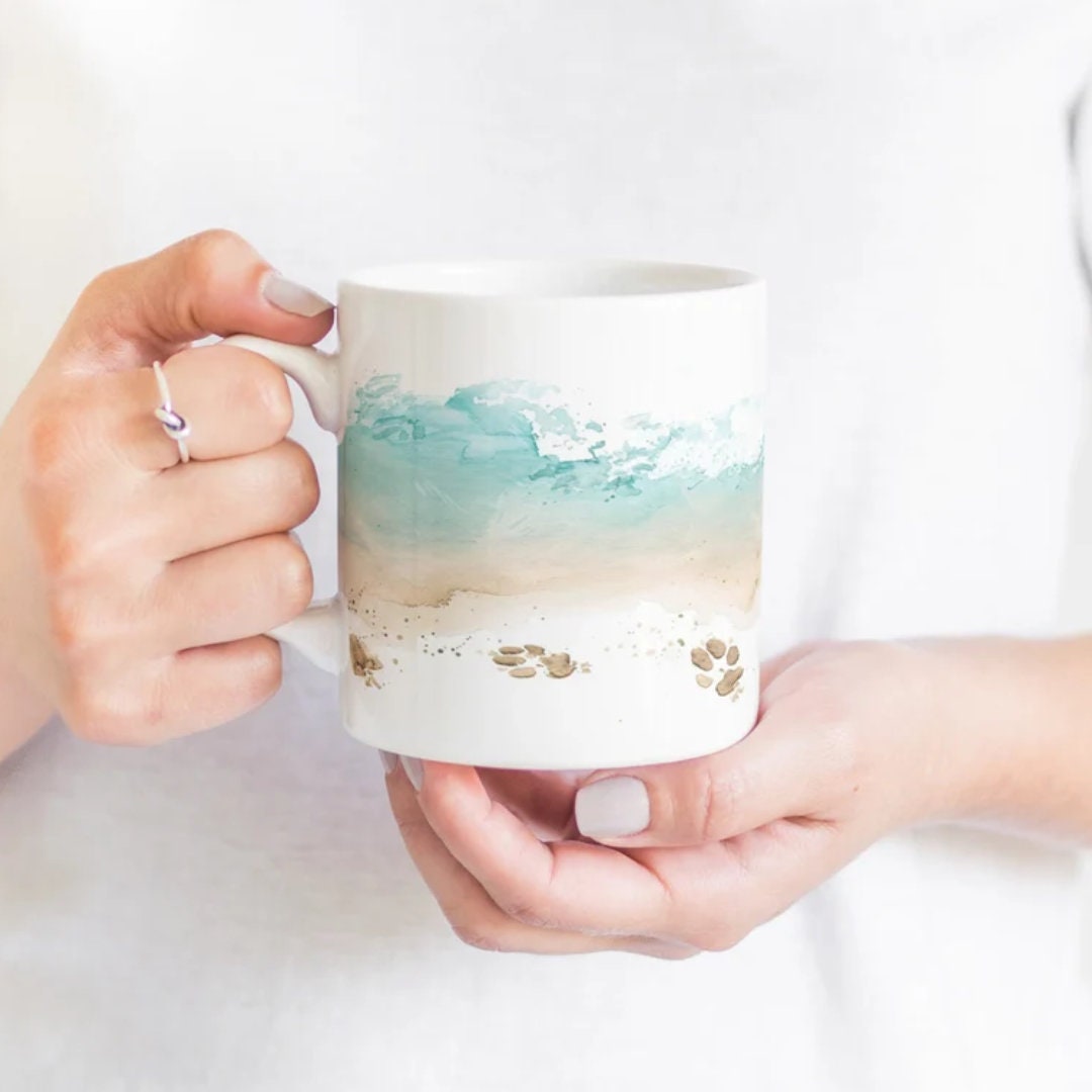 Paw Print Ocean Shoreline Mug - Handmade Ceramic Coffee & Tea Cup 11oz ...