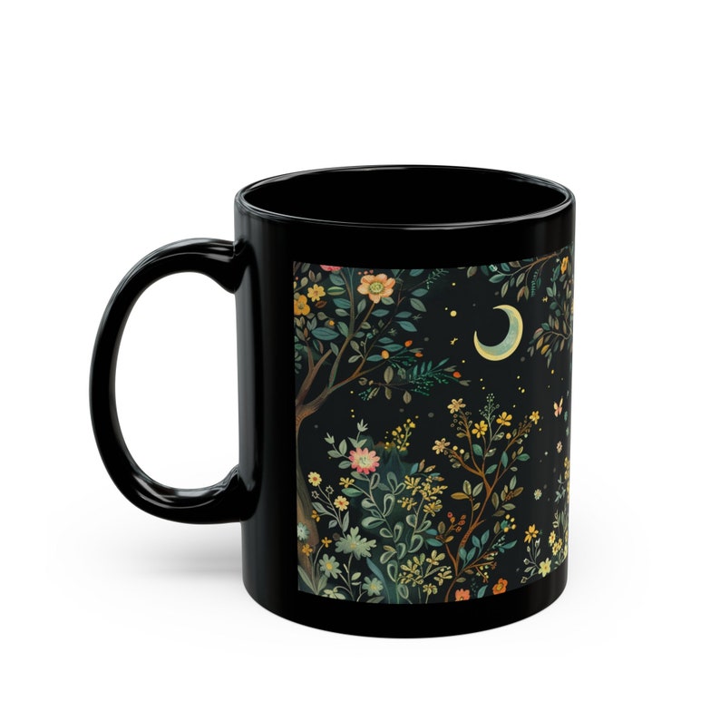 Mystical Moonlit Garden Mug, 11oz Dark Academia Mug, Black Botanical ...