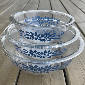 Set of Three Vintage Pyrex Blue Floral Ribbon Clear Glass Nesting ...