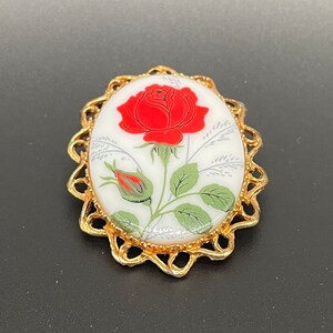 Vintage Milk Glass Red Rose Design Gold Tone Cameo Style Brooch Pin ...