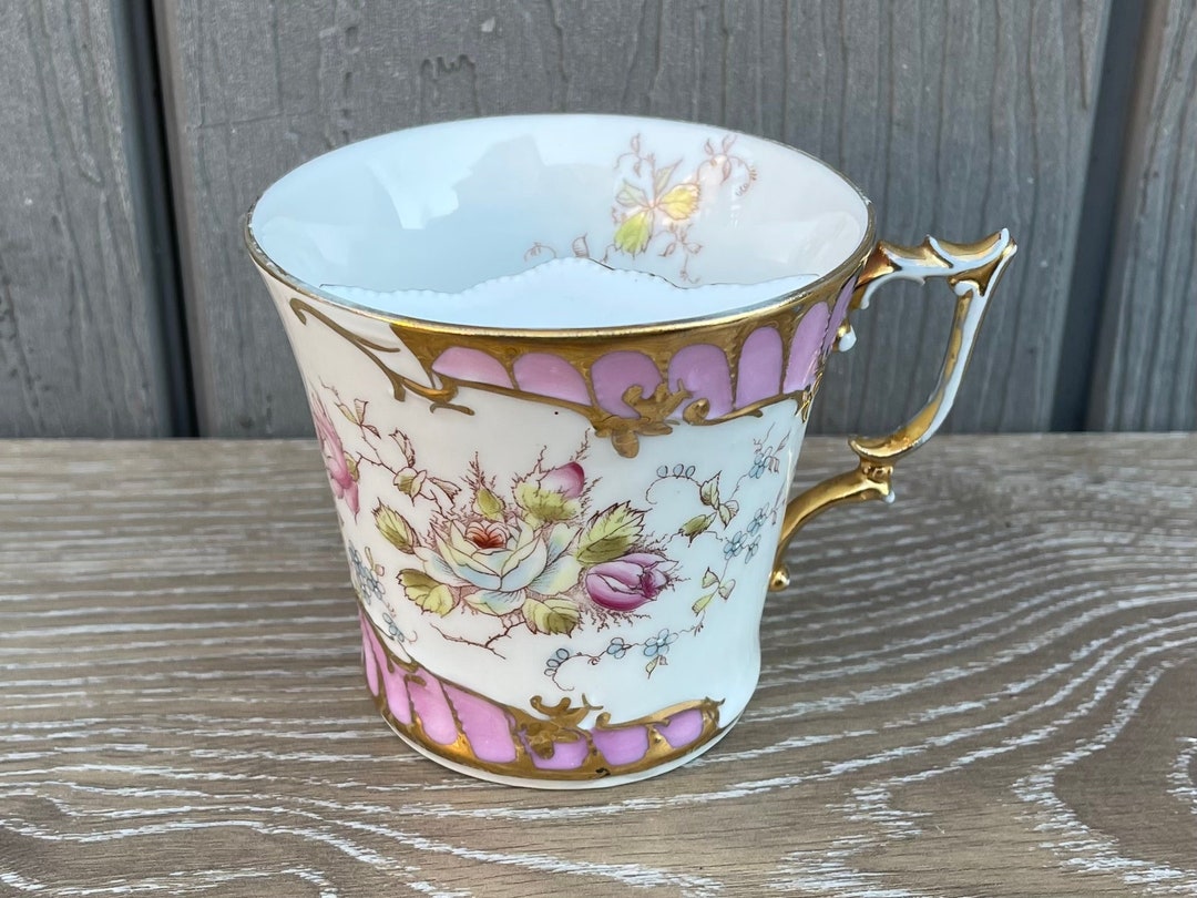 Antique Pink and Gold Floral Transfer Mug Tea Cup With Moustache Guard ...