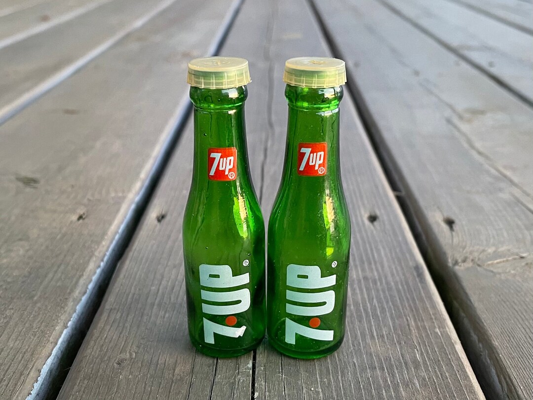 Vintage 7UP Miniature Green Glass Bottle Salt and Pepper Shakers Shaker ...