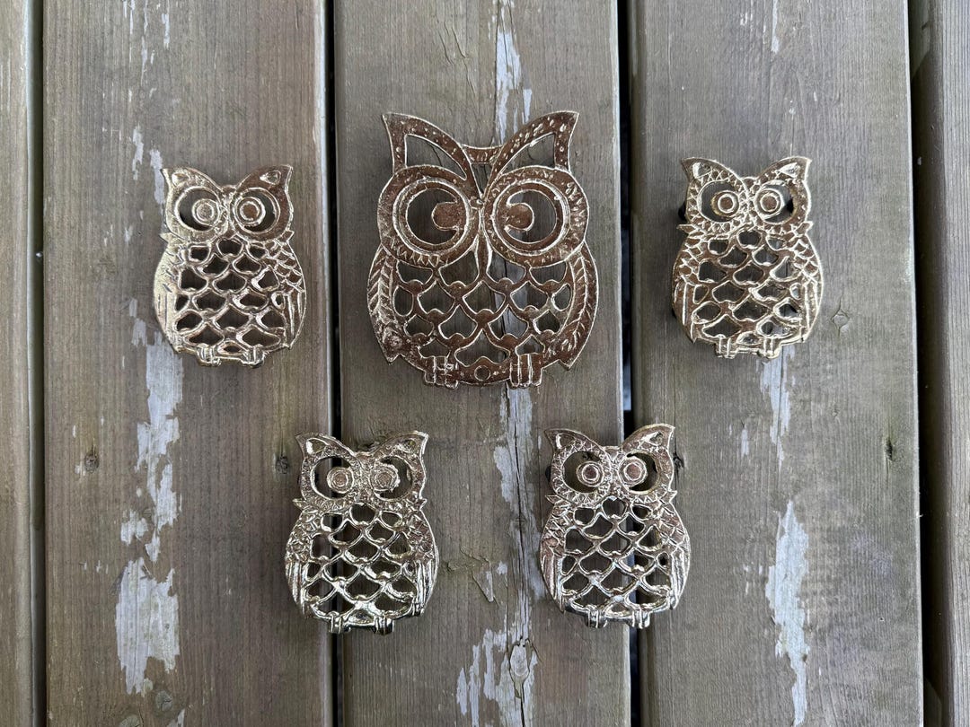 Set of Five Vintage Brass Tone Cast Owl Trivets Pot Holders Plant ...