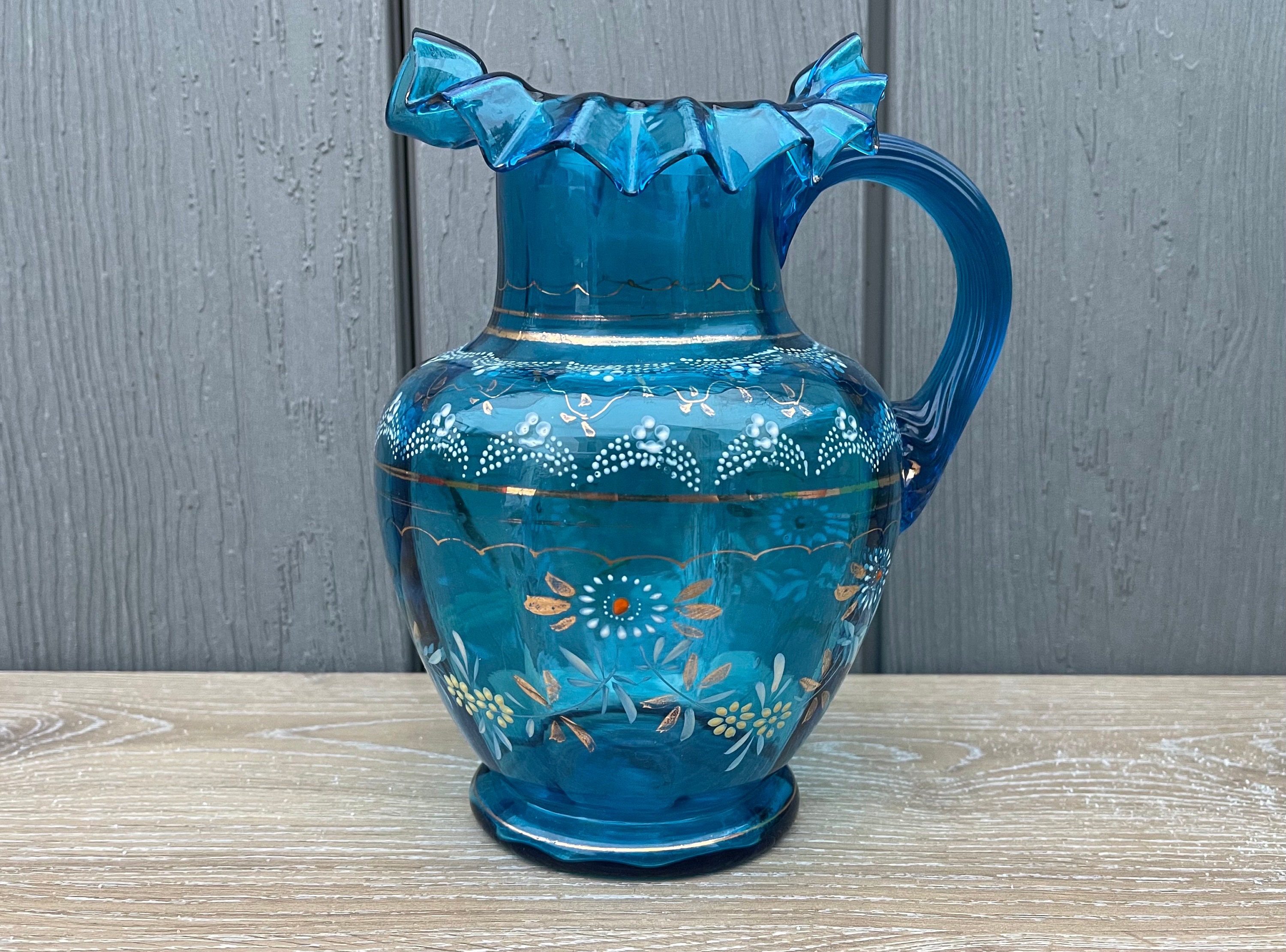 Antique Victorian Hand Blown Hand Enamelled Blue Glass Ruffled - Etsy