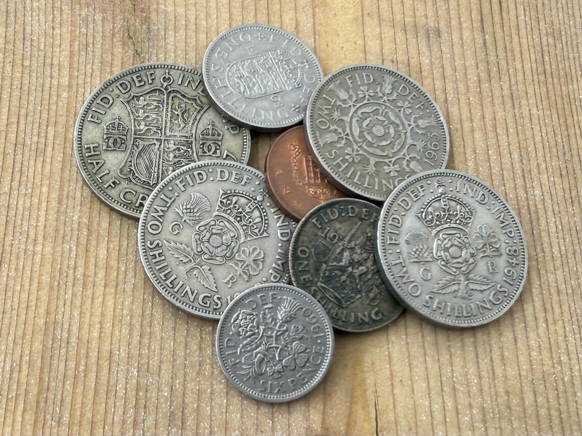 Collection of Eight Vintage United Kingdom Coins Penny Sixpence ...
