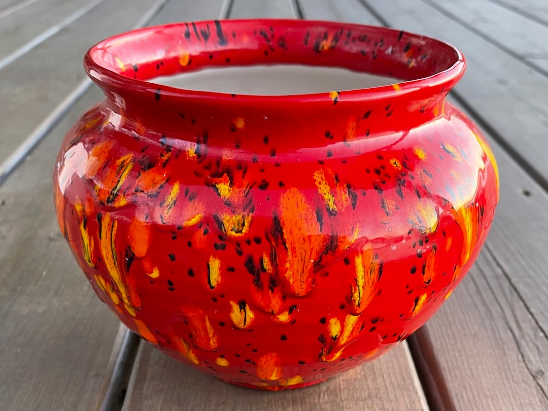 Vintage Hobbyist Red, Orange, Yellow and Black Splatter Drip Glaze ...
