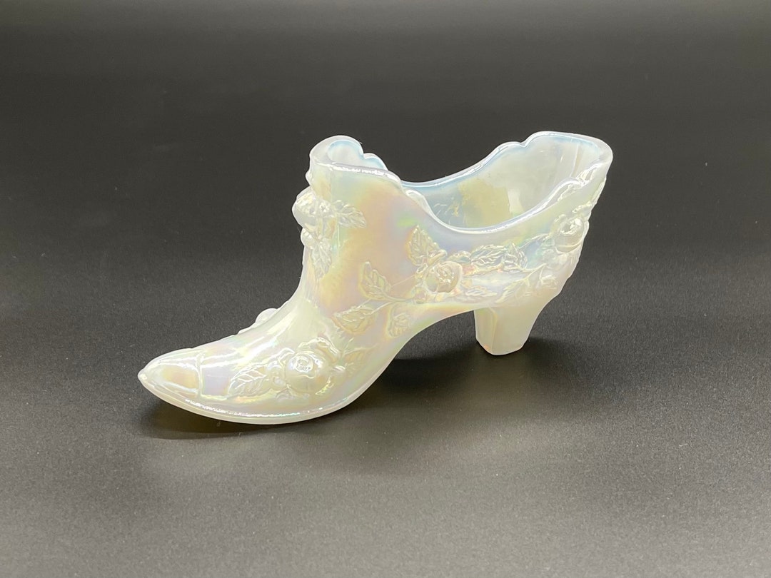 Vintage Fenton Iridescent Milk Glass Rose Pattern Glass Shoe Slipper ...
