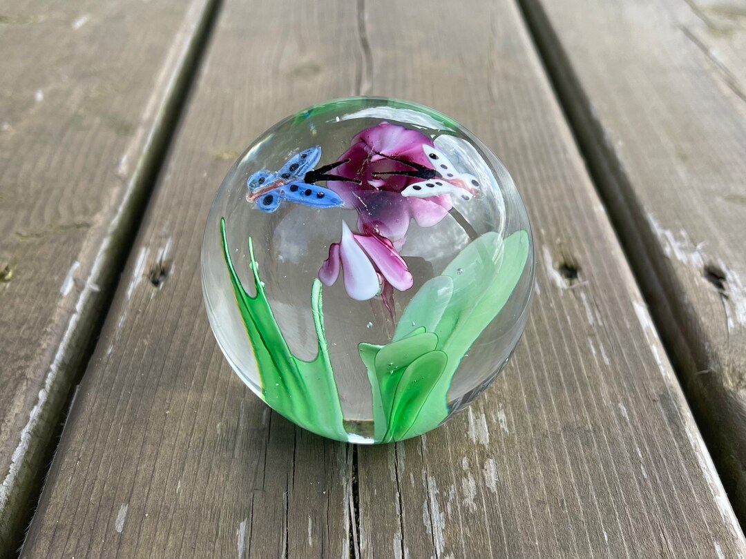 Vintage Chinese Art Glass Butterfly and Flower Paperweight Paper Weight ...
