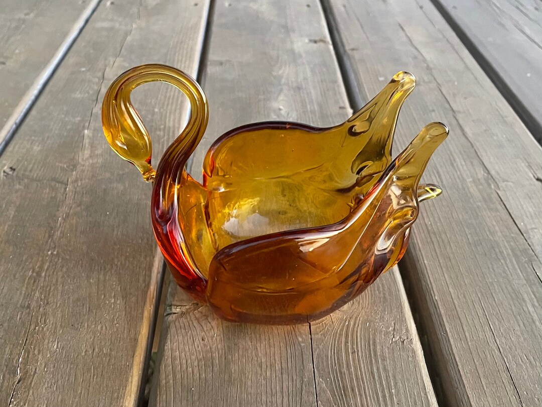 Vintage Handblown Amber Glass Swan Nut Bowl Candy Dish Trinket Dish ...