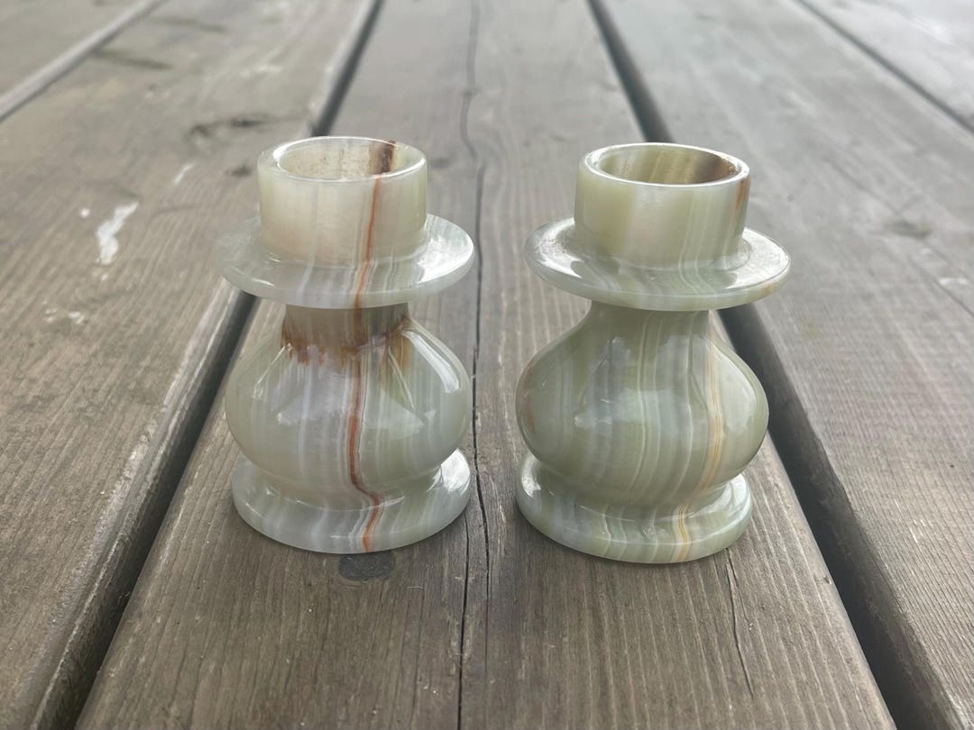 Set of Two Vintage Carved Polished Alabaster Stone Tapered Candle ...