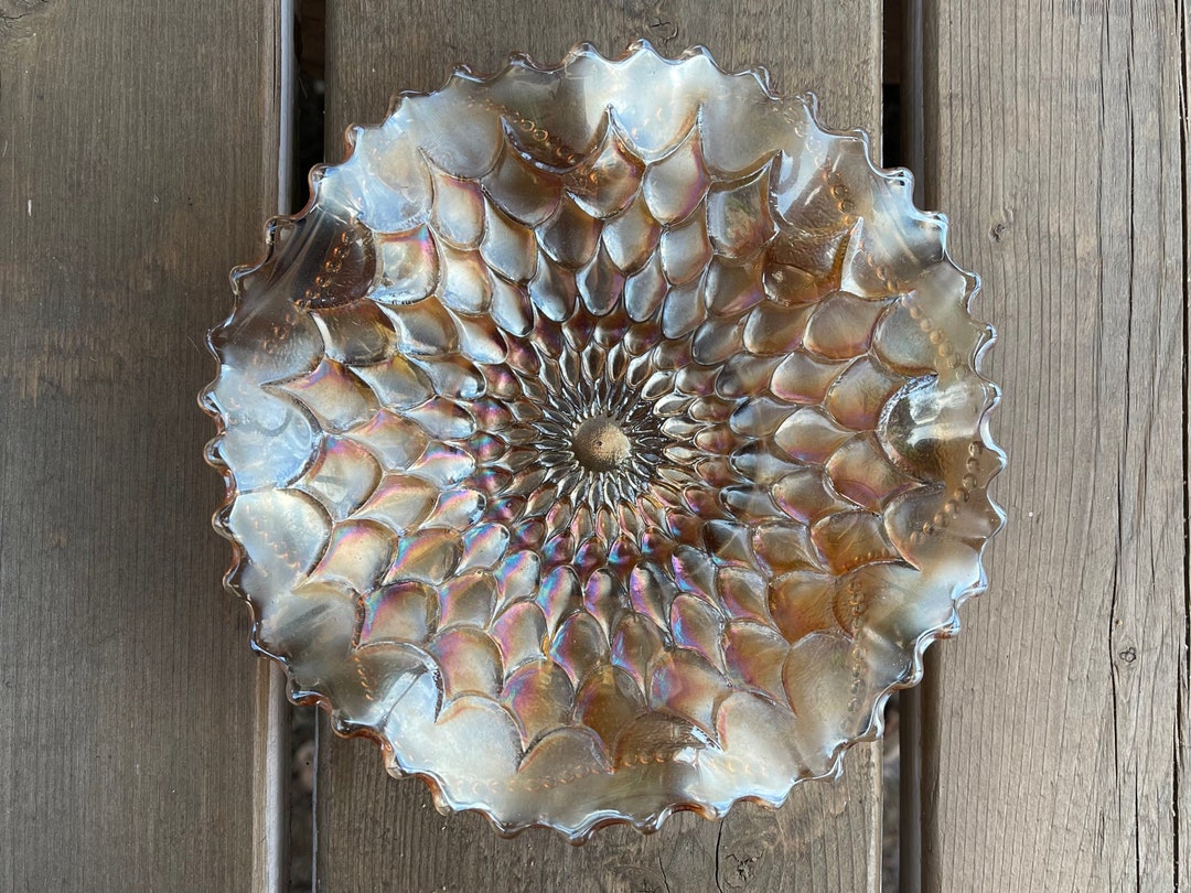 Antique Dugan Glass Fish Scale and Beads Pattern Iridescent Marigold ...
