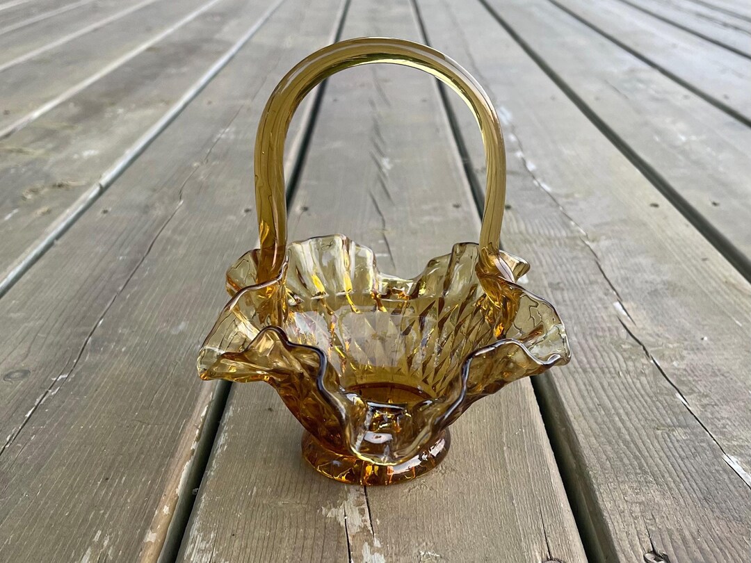 Vintage Diamond Point Amber Glass Ruffled Edge Basket Trinket Dish ...