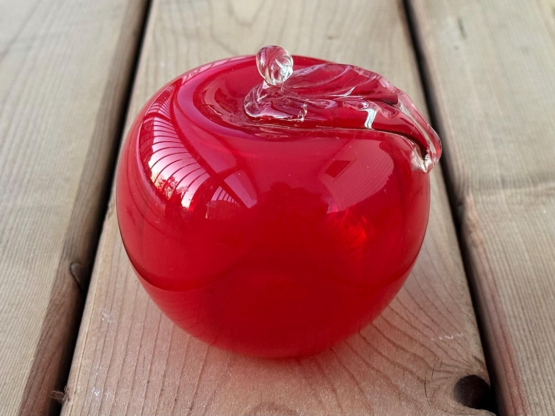 Vintage Mid Century Hand Blown Red Art Glass Apple With Clear Glass ...