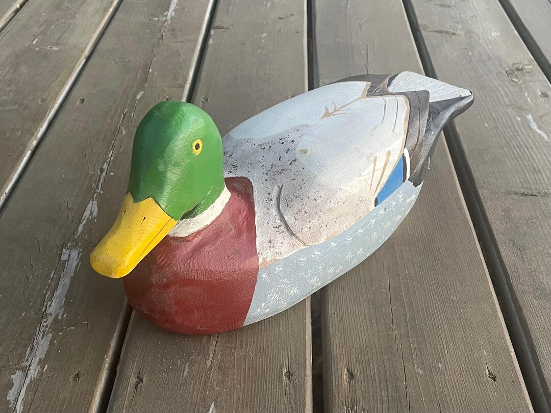Vintage Solid Wood Carved Hand Painted Duck Decoy Mallard Drake Wood ...