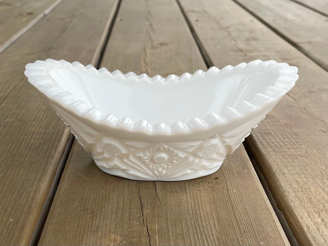 Vintage Mckee Toltec Pattern Pressed Cut Milk Glass Oval Trinket Dish ...