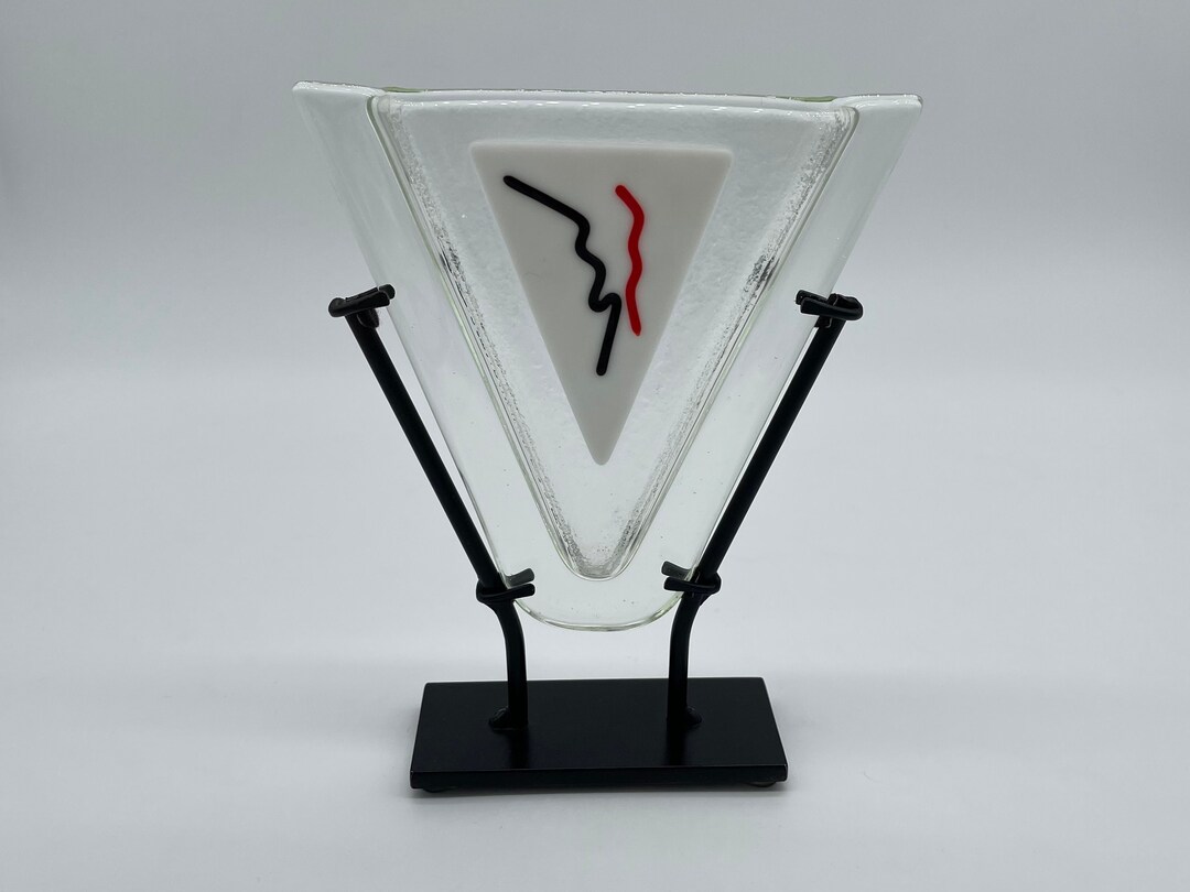 Vintage Fused Glass Geometric Triangular Pocket Vase in Wrought Iron ...