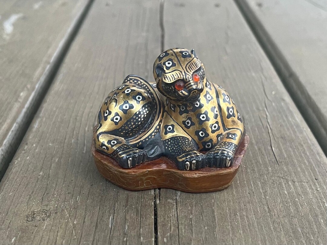 Vintage Chinese Sterling Silver Gilt Leopard Cheetah Cat on Wooden ...