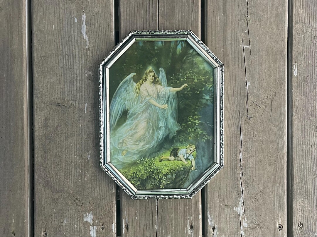 Antique Art Nouveau “guardian Angel” Lithograph Print in Octagonal ...
