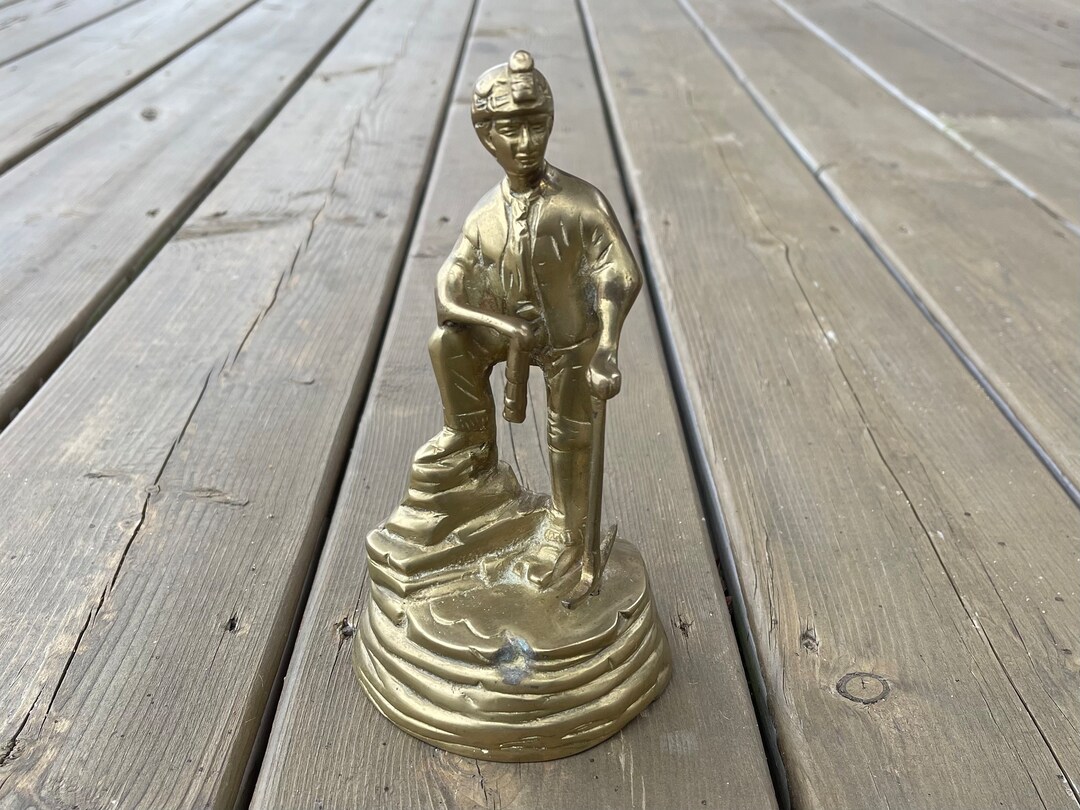 Vintage Brass Coal Miner Prospector With Pickaxe and Flashlight ...
