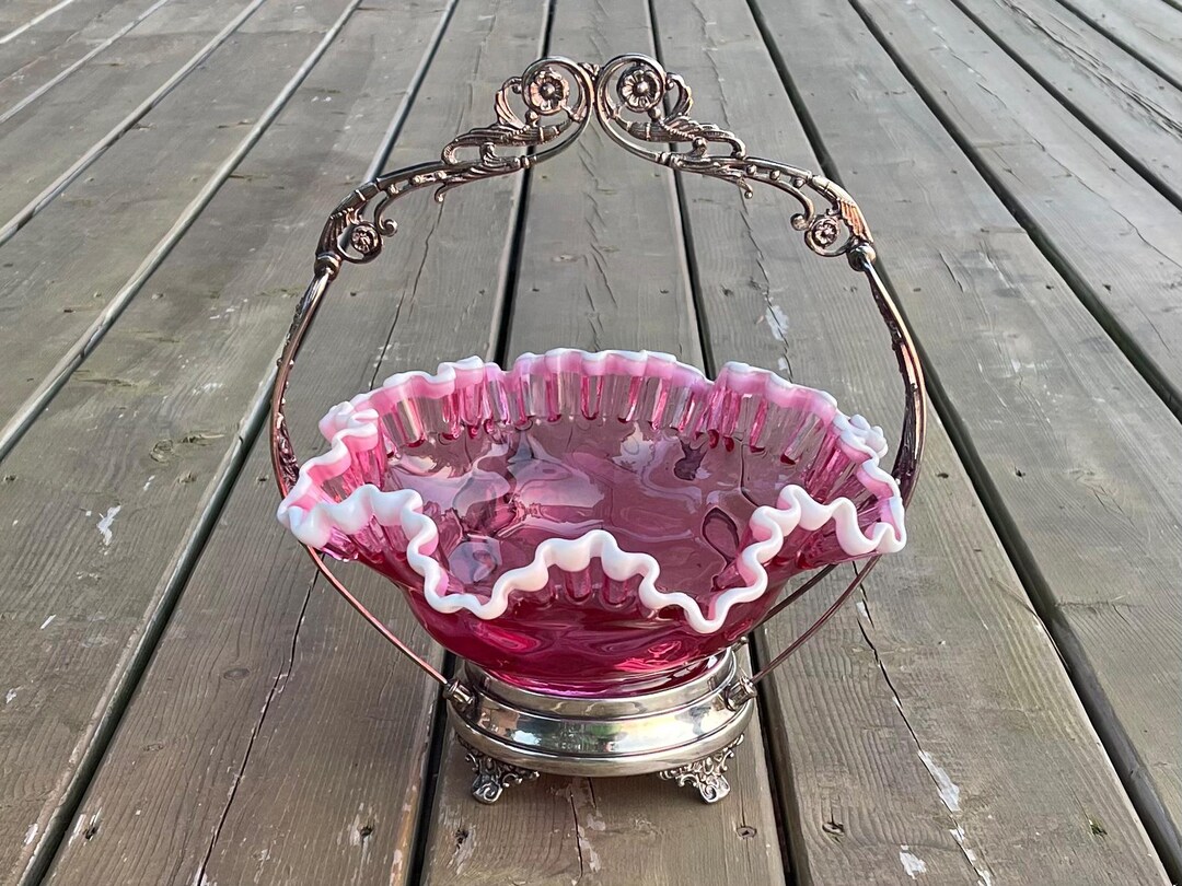 Vintage Fenton Ruby Snowcrest Optic Thumbprint Cranberry Glass White Milk Glass Trim Brides ...