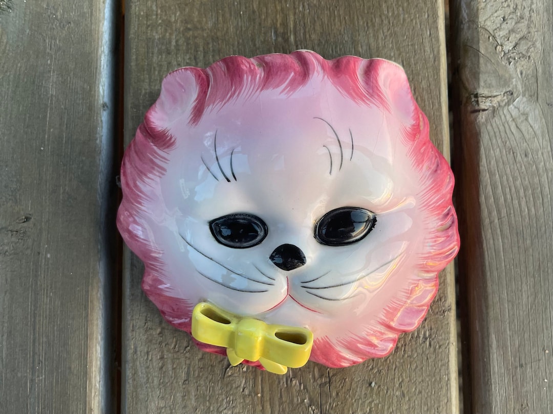Vintage Lefton Pink Cat Kitten With Yellow Bow Wall Vase Wall Pocket ...