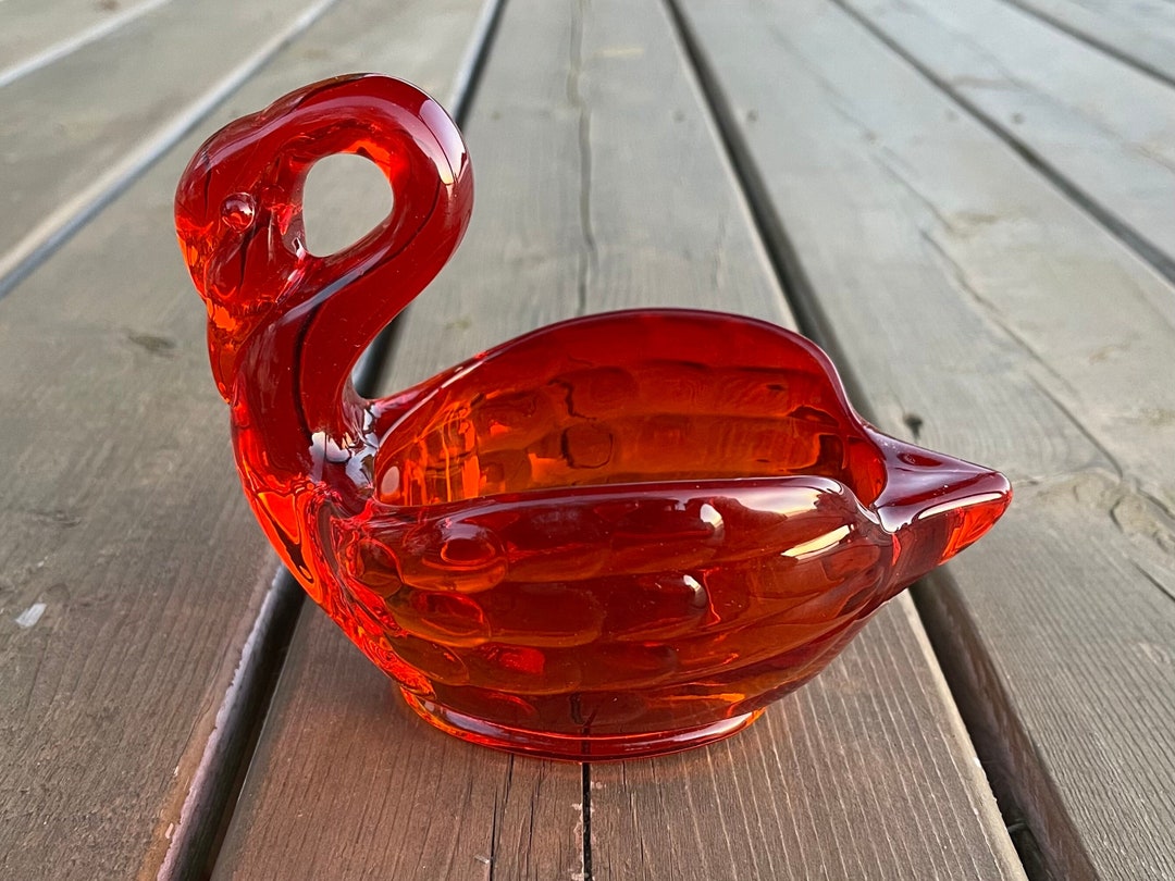 Vintage Viking Glass Persimmon Amberina Swan Bowl Trinket Dish Candy ...