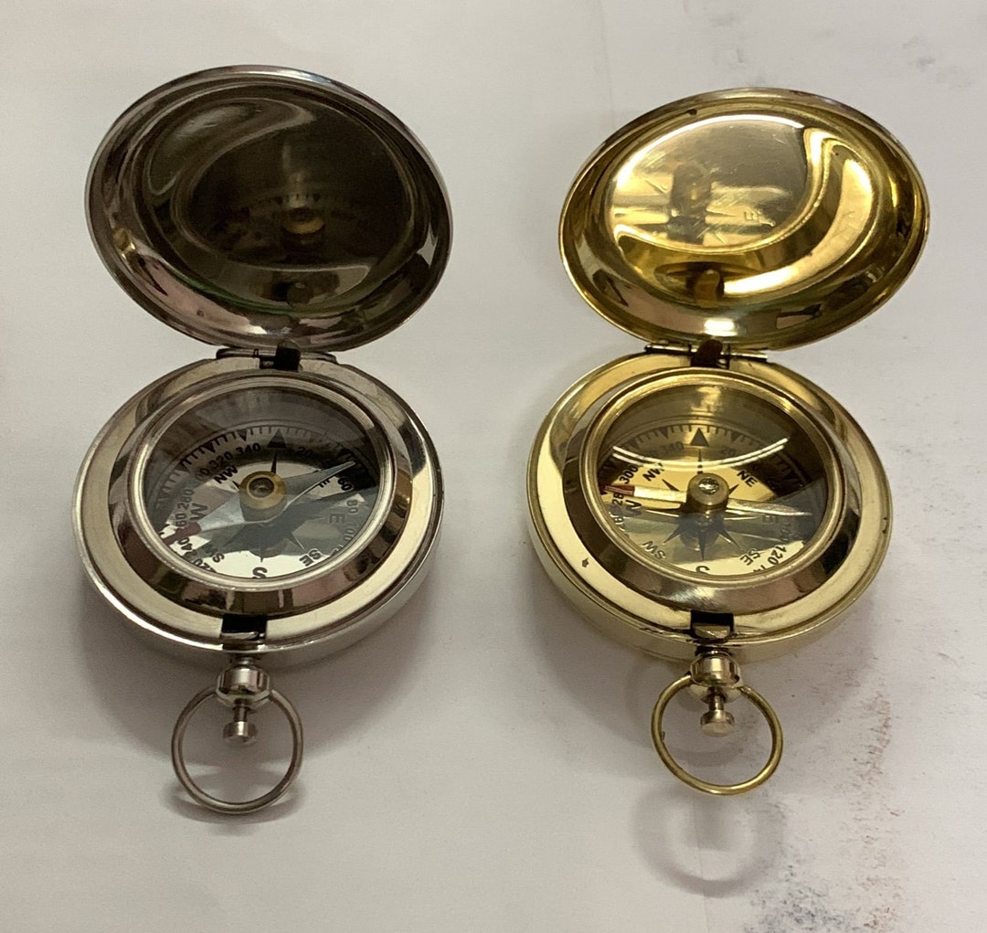Vintage Brass Push Button Pocket Compass Gift W/ Necklace Antique ...