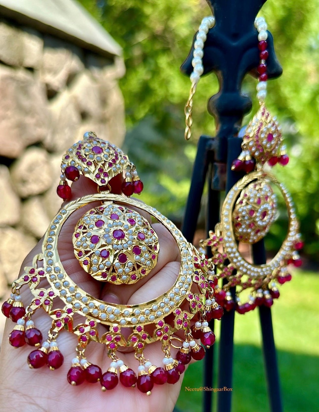 Punjabi Traditional Jadau Earrings Dark Pink/ruby Beads Bridal/jaggo ...