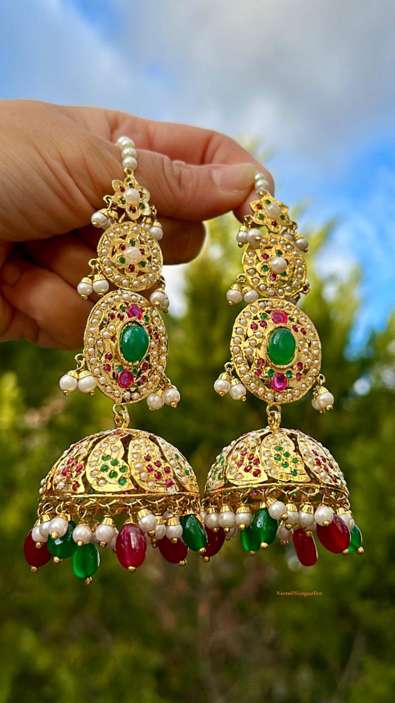 Oversized Punjabi Traditional Jadau/ruby Pink/green Stones Moti Tikka ...