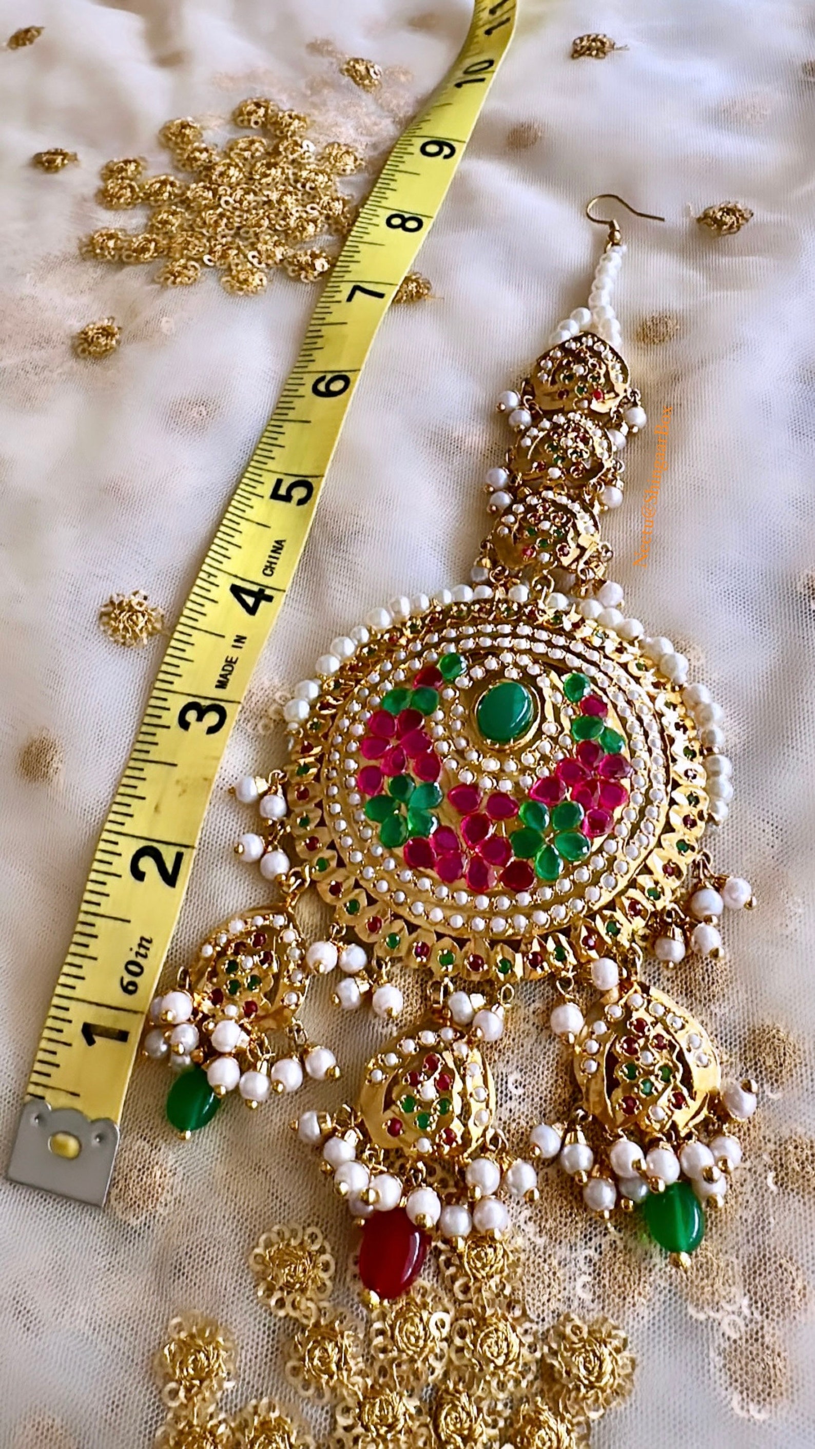 Oversized Punjabi Traditional Jadau/ruby Pink/green Stones Moti Tikka ...
