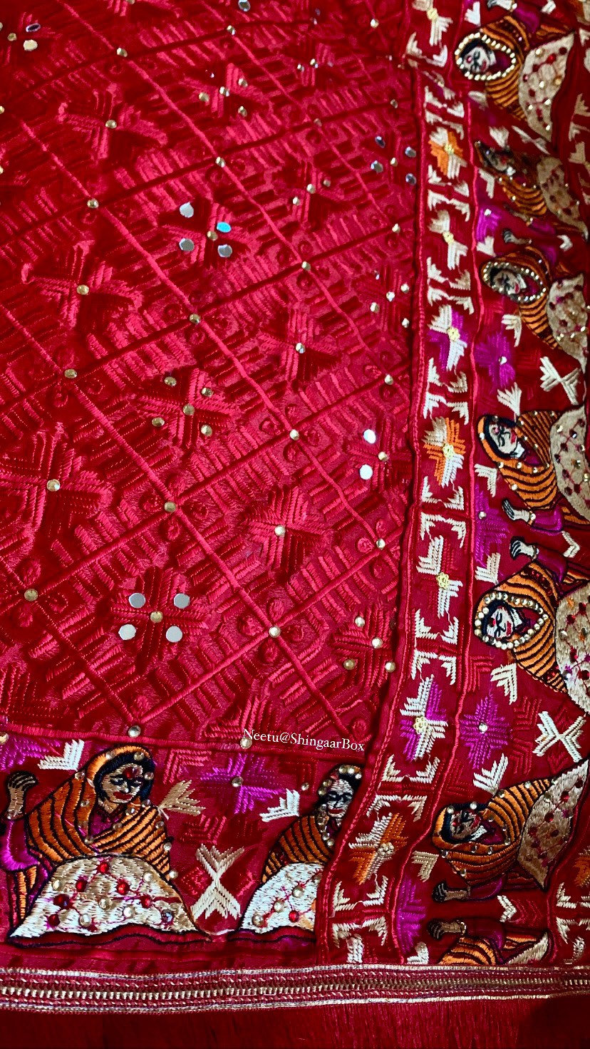 Traditional Punjabi Bridal Chinon Red Phulkari Dupatta Embroidered ...