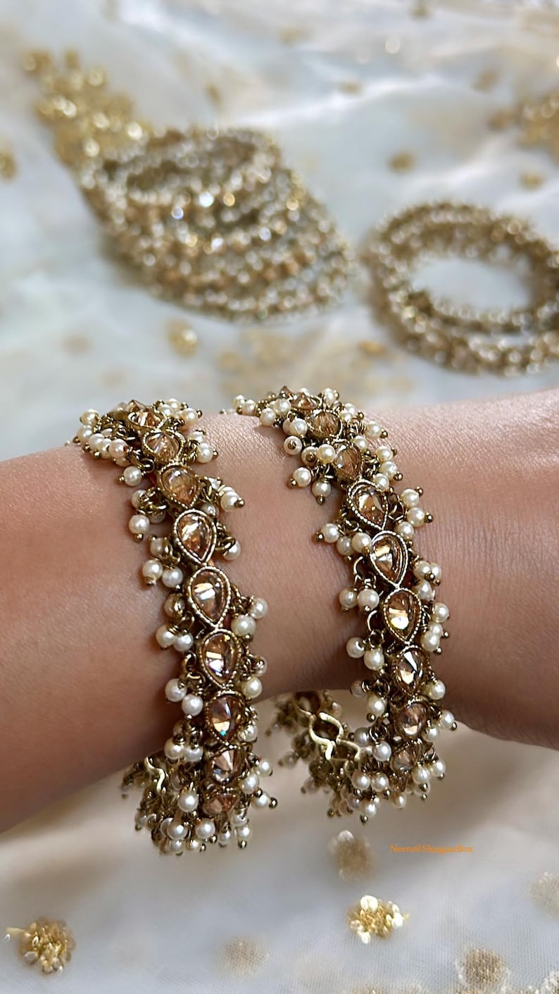 Polki Bangles/bracelet/kada Champagne Color Stones Moti/pearls Jaggo ...