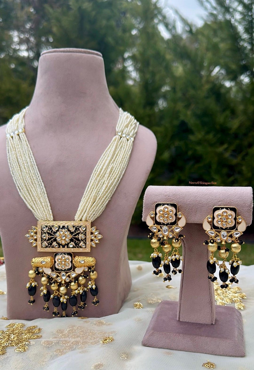 Long Multi Strands Moti Mala Haar/necklace/earrings Set in Black/off ...