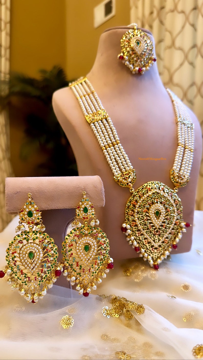 Traditional Punjabi Jadau Long Moti/pearls Rani Haar/earrings/tikka Set ...