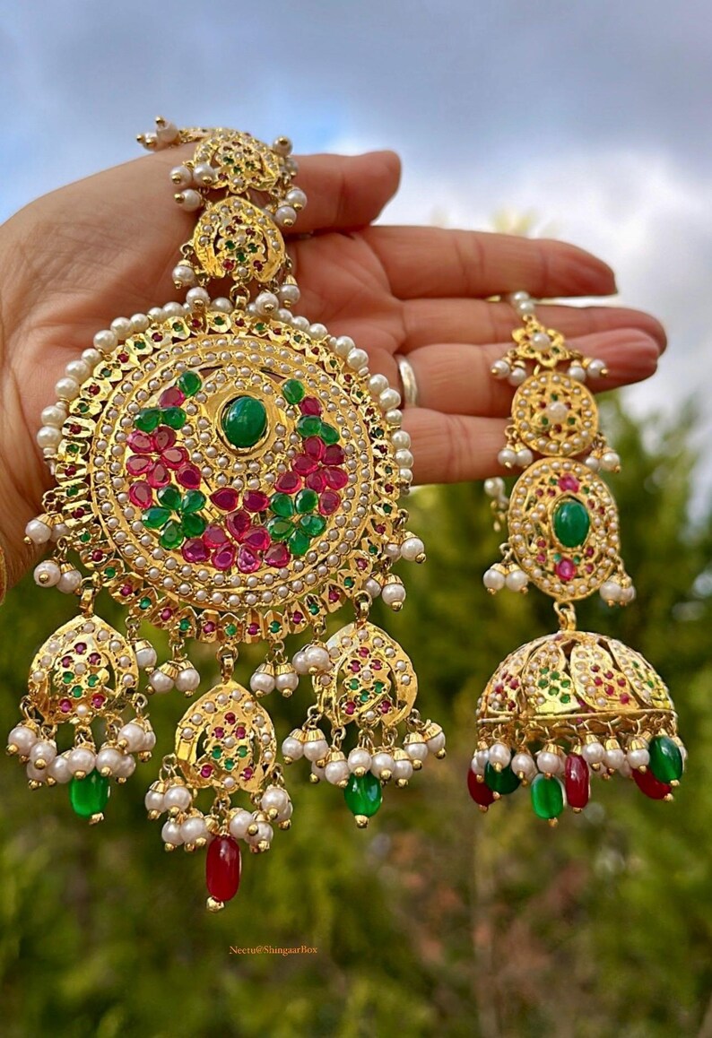 Oversized Punjabi Traditional Jadau/ruby Pink/green Stones Moti Tikka ...