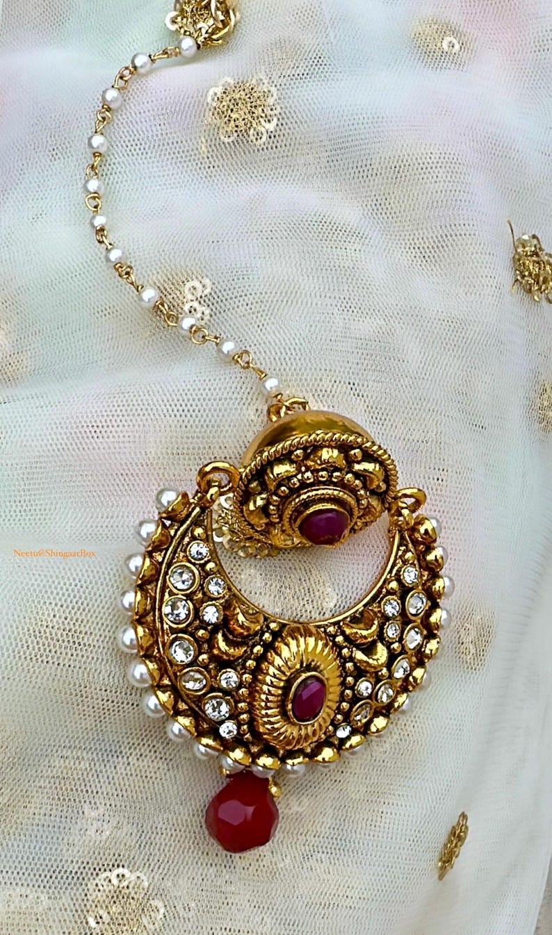 Traditional Rajasthani Chand Bor/borla Tikka Antique Gold Finish/red ...