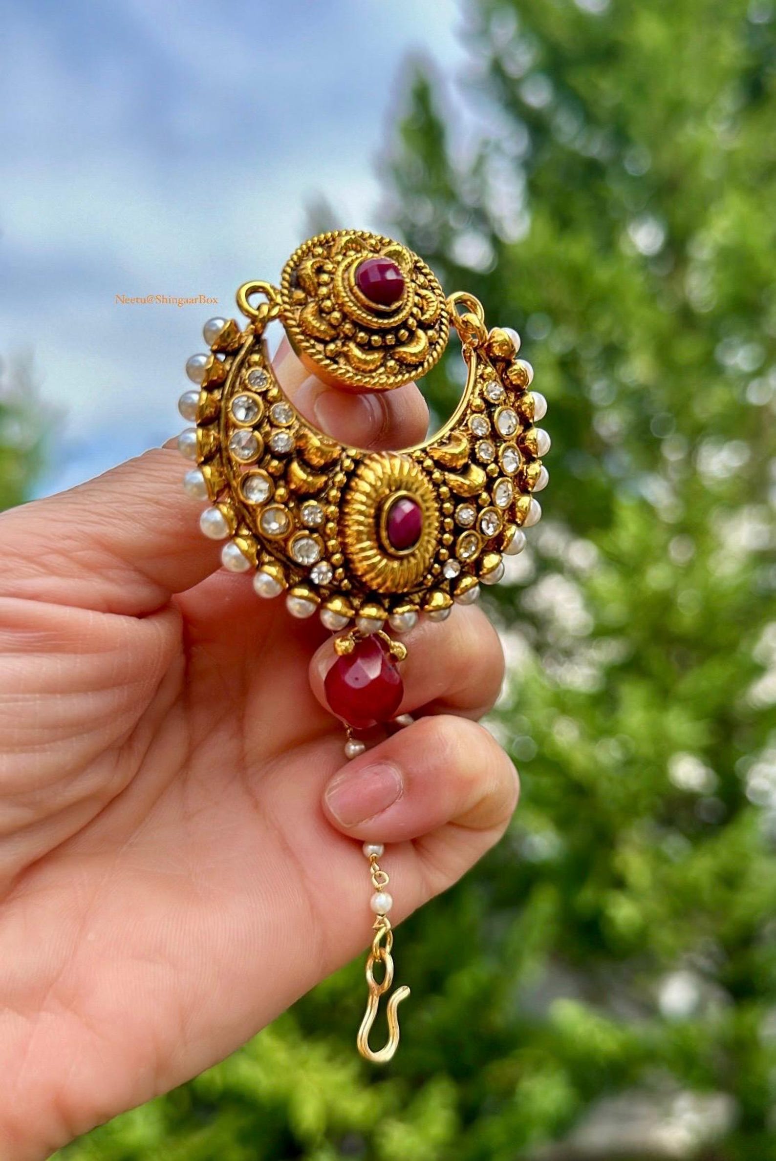 Traditional Rajasthani Chand Bor/borla Tikka Antique Gold Finish/red ...