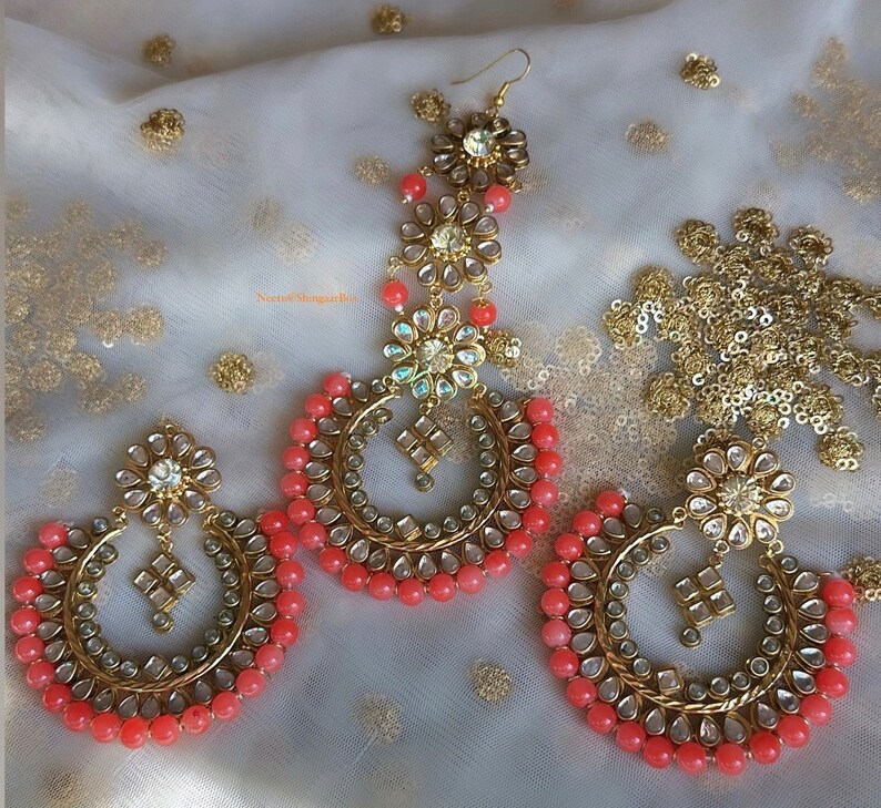 Oversized Tikka/earrings Punjabi Design Kundan Look Alike Light Weight ...