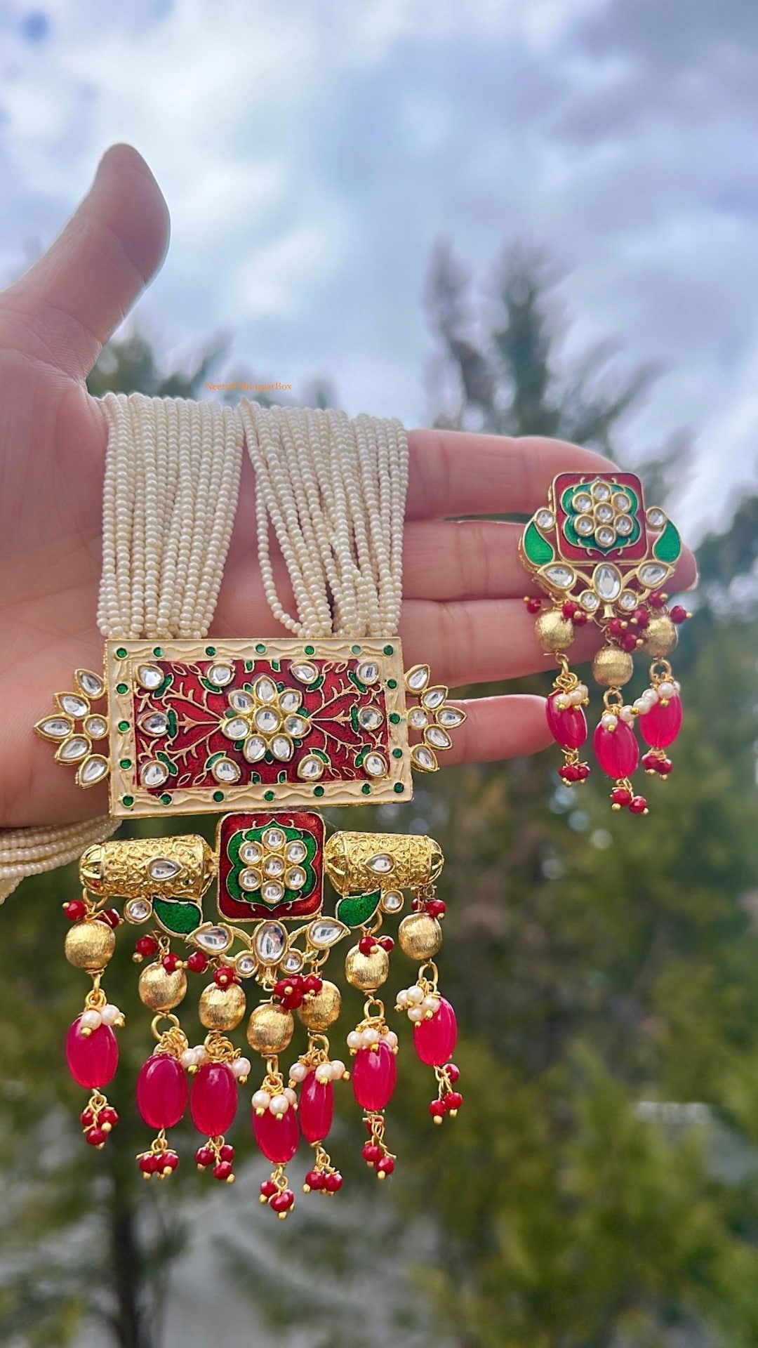 Long Multi Strands Moti Mala Haar/necklace/earrings Set in Red Maroon ...