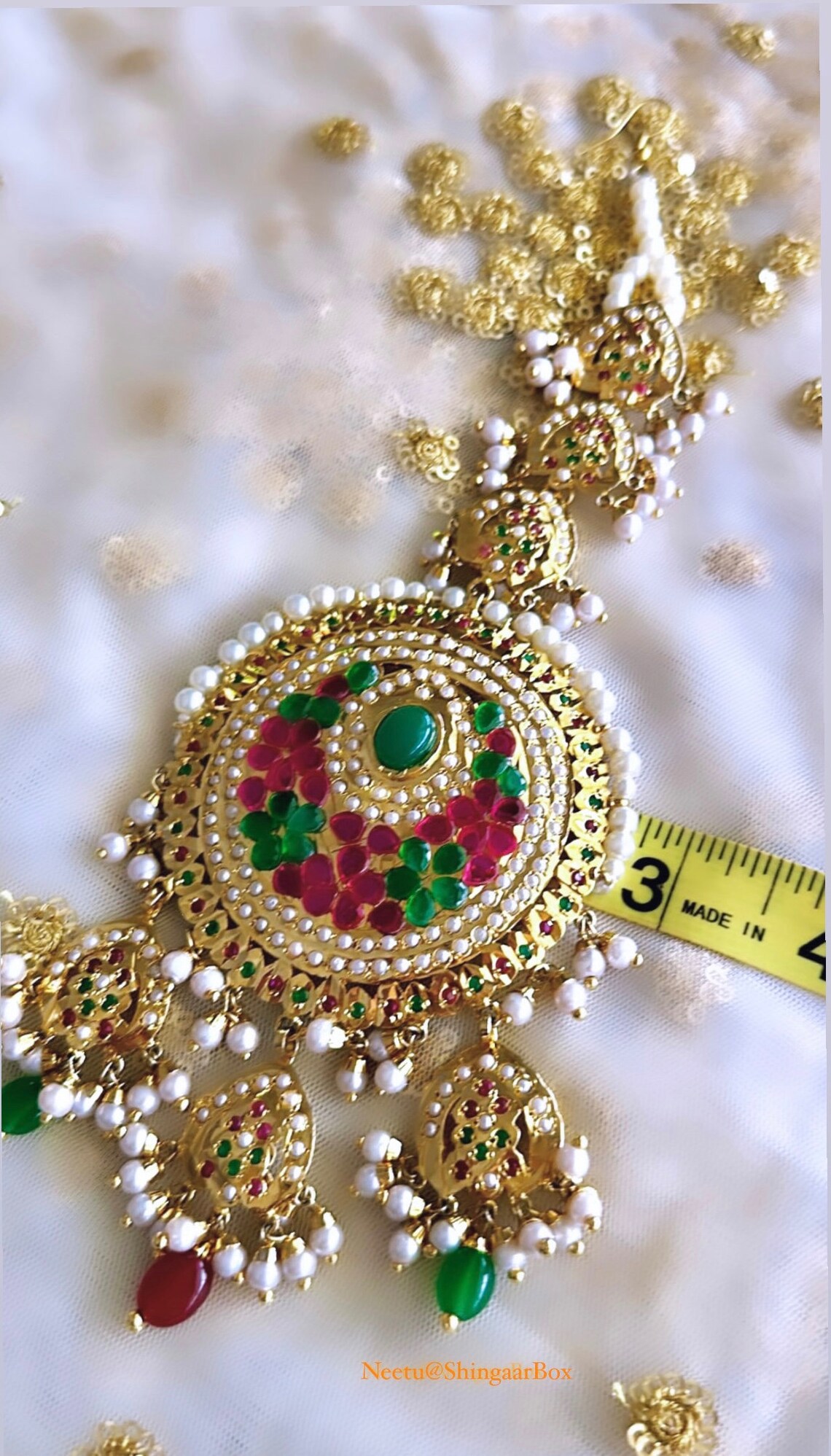 Oversized Punjabi Traditional Jadau/ruby Pink/green Stones Moti Tikka ...