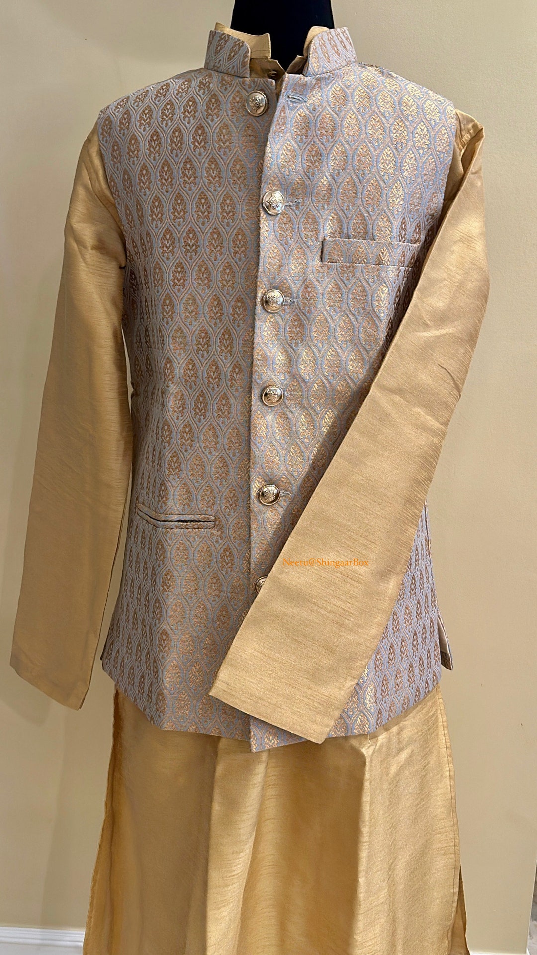 Men Beige/golden Formal Kurta Pyjama Nehru/modi Jacket/vest/waist Coat ...
