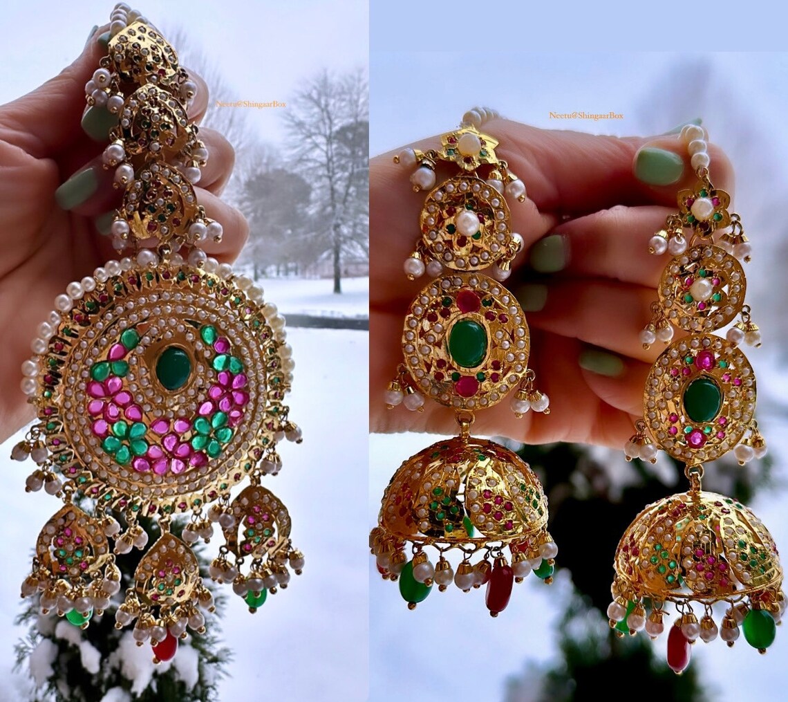 Oversized Punjabi Traditional Jadau/ruby Pink/green Stones Moti Tikka ...